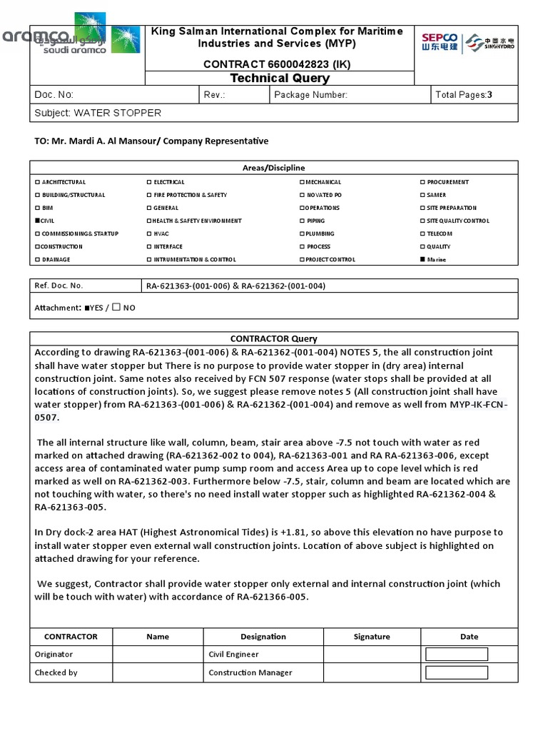 Water Stopper Technical Query MYP | PDF | Engineering | Economic Sectors