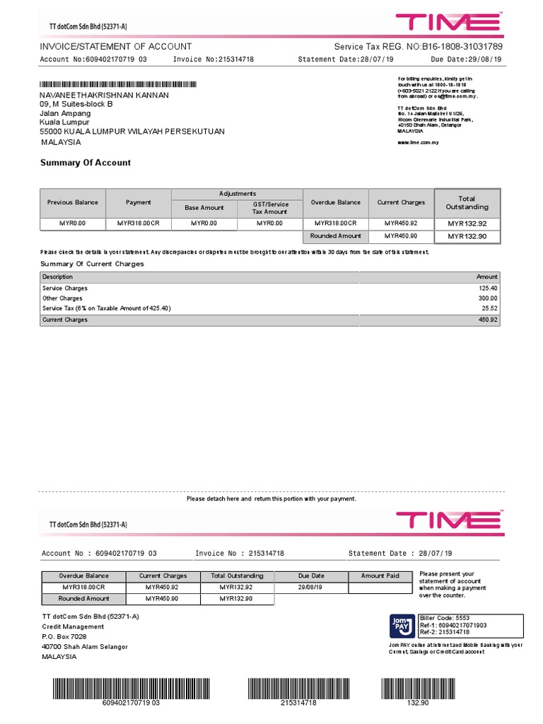 Summary of Account: Invoice/Statement of Account Service Tax REG. NO ...