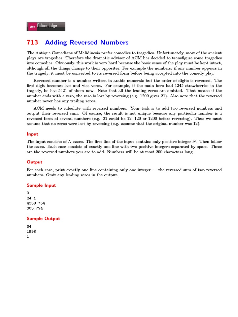 Adding Reversed Numbers: Input | PDF