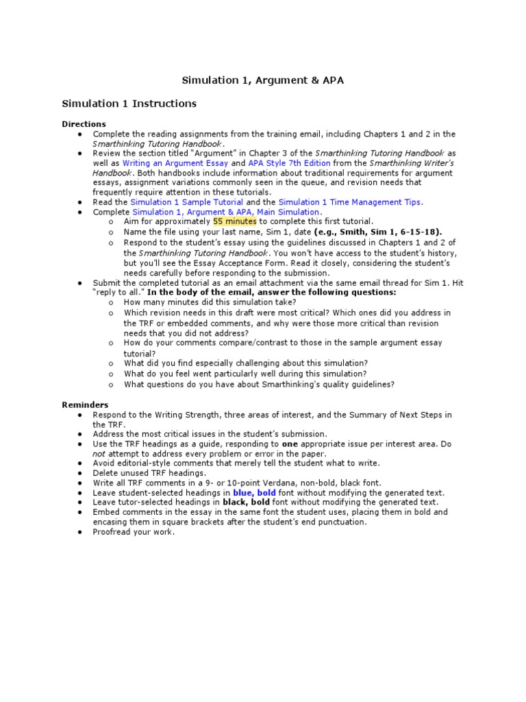 Simulation 1, Argument & APA Simulation 1 Instructions: Smarthinking ...