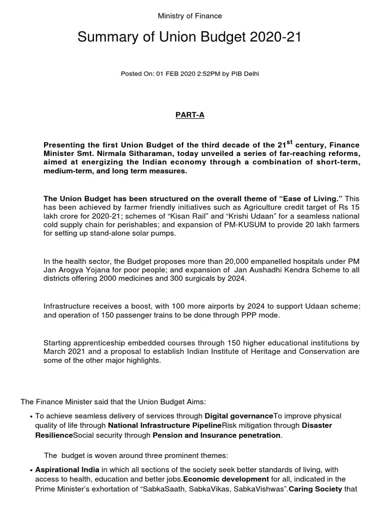 Summary of Union Budget 2020-21: Posted On: 01 FEB 2020 2:52PM by PIB ...