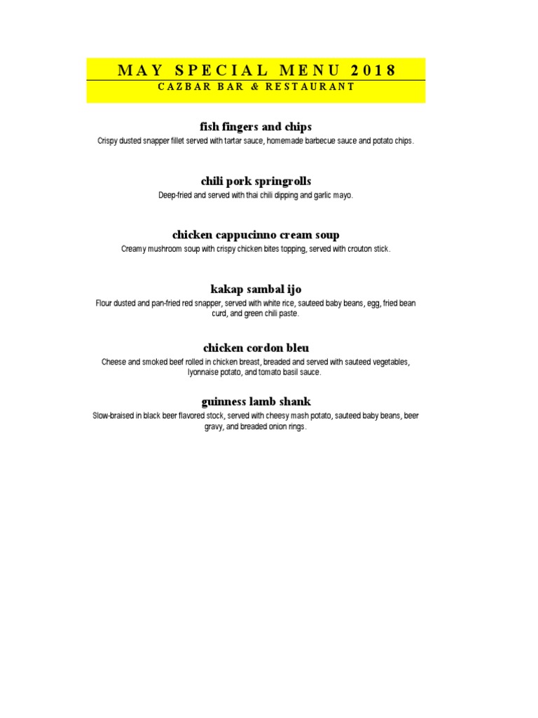 Cazbar Special Menu May 2018 | PDF | Mustard (Condiment) | Potato Chip