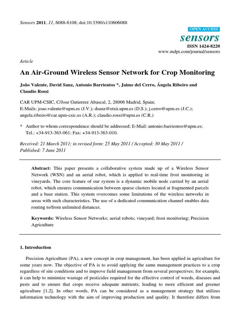 Sensors: An Air-Ground Wireless Sensor Network For Crop Monitoring | PDF | Wireless Sensor ...