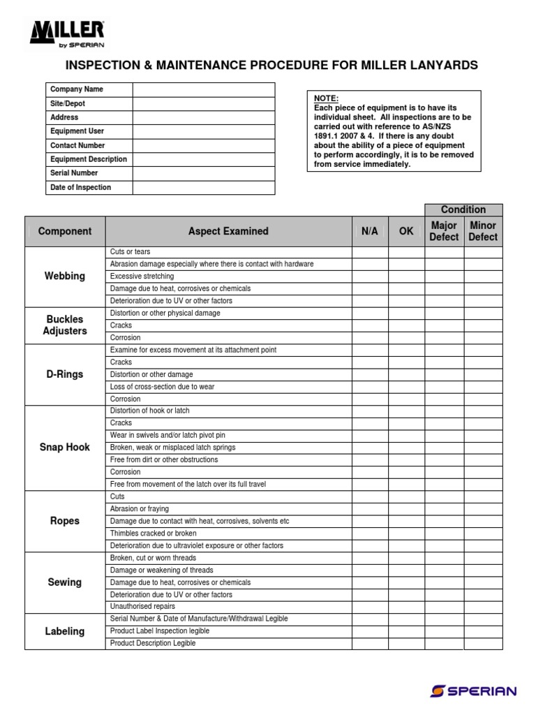 Miller Lanyard Inspection and Maintenance Proceedure PDF | PDF ...