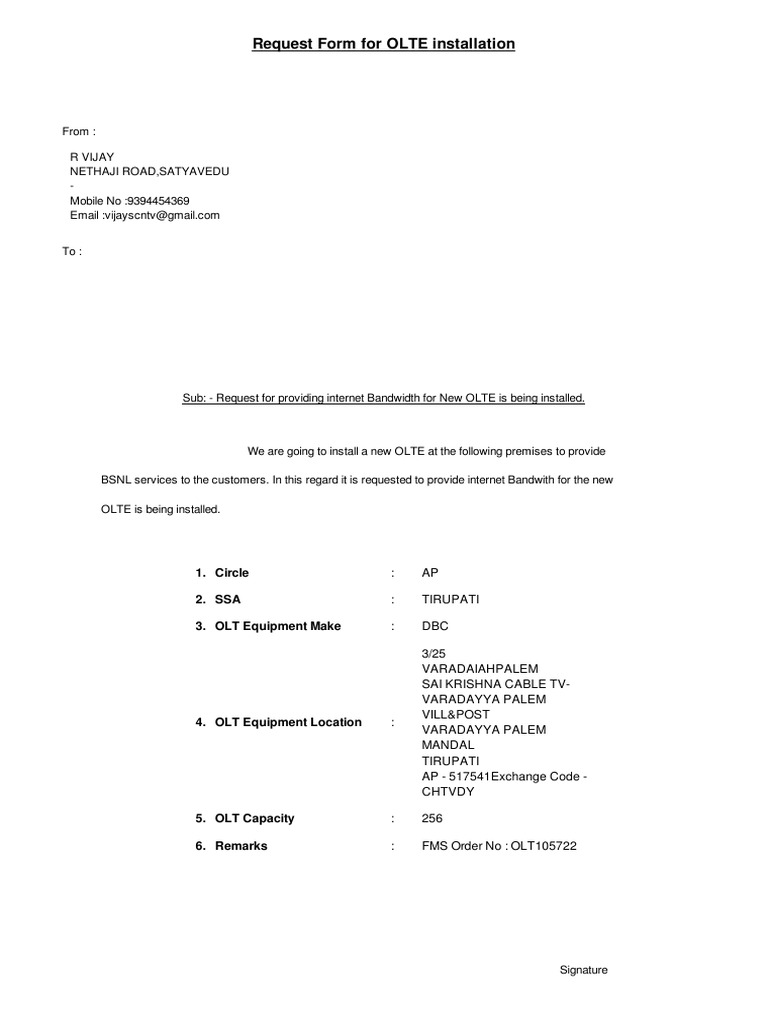 Request Form For OLTE Installation: 1. Circle 2. Ssa 3. OLT Equipment ...