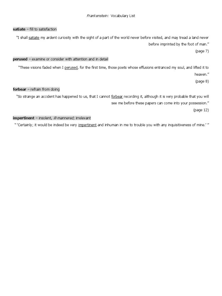 Frankenstein Vocabulary List | PDF