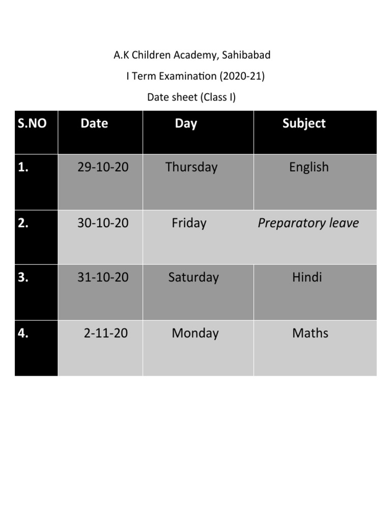 Date Sheet (Class 1) | PDF