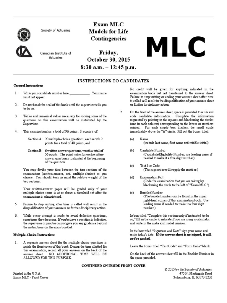 Edu 2015 10 MLC Exam PDF | PDF | Pension | Life Insurance