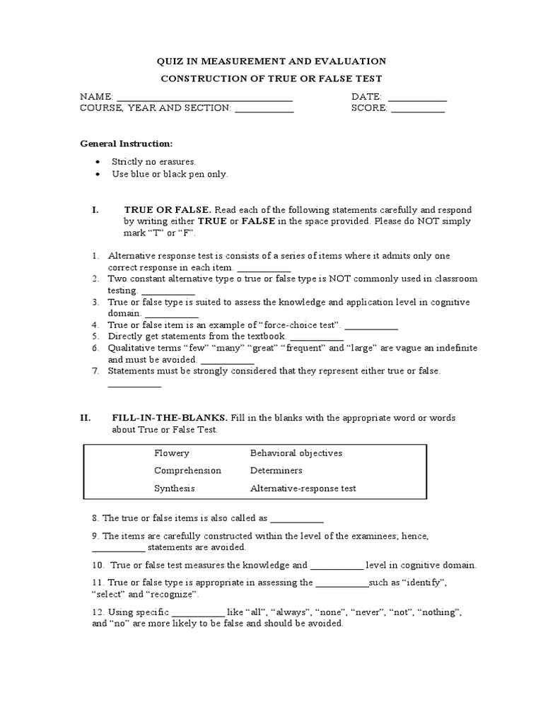 Quiz in Measurement and Evaluation Construction of True or False Test ...