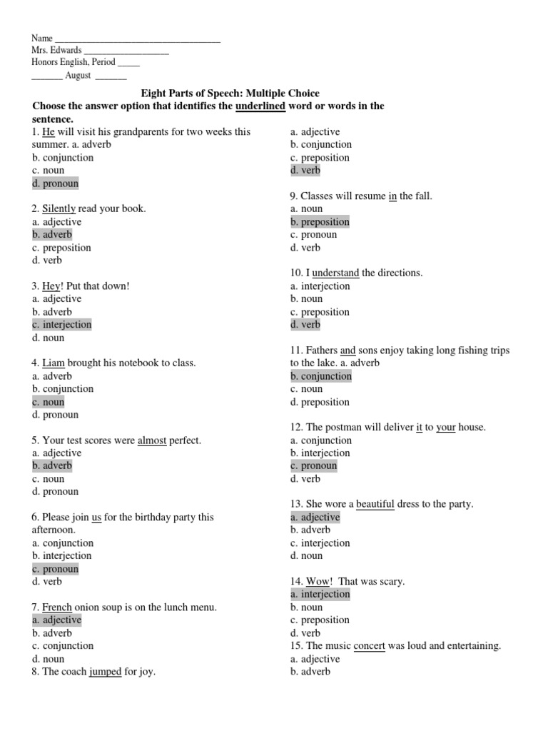 Parts of Speech Homework - Honors Solved | PDF | Verb | Adverb