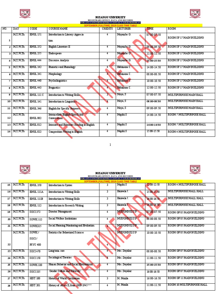 Final - September 2019 Final Class Time Table1 | PDF | Teaching Mathematics