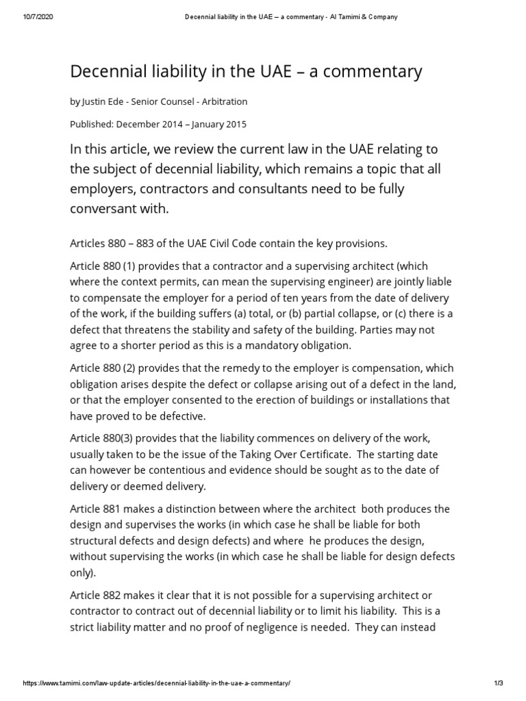 Decennial Liability in The UAE - A Commentary | PDF | Indemnity ...