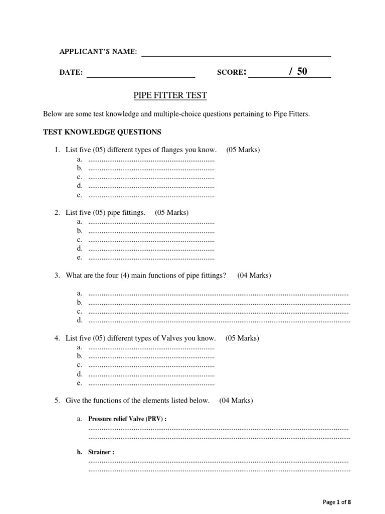 Pipe Fitter Test: Applicant'S Name | PDF | Pipe (Fluid Conveyance ...