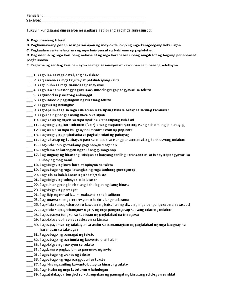 Activity Dimensyon NG Pagbasa | PDF