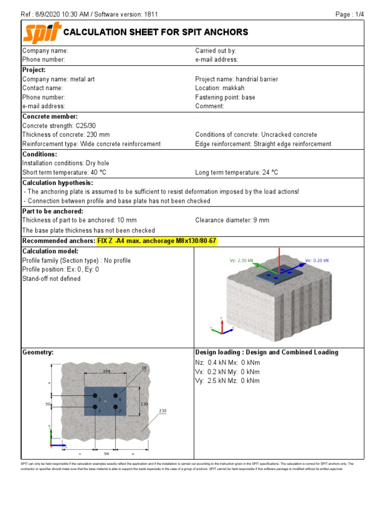 Calculation Sheet For Spit Anchors: Project | PDF | Building Materials ...