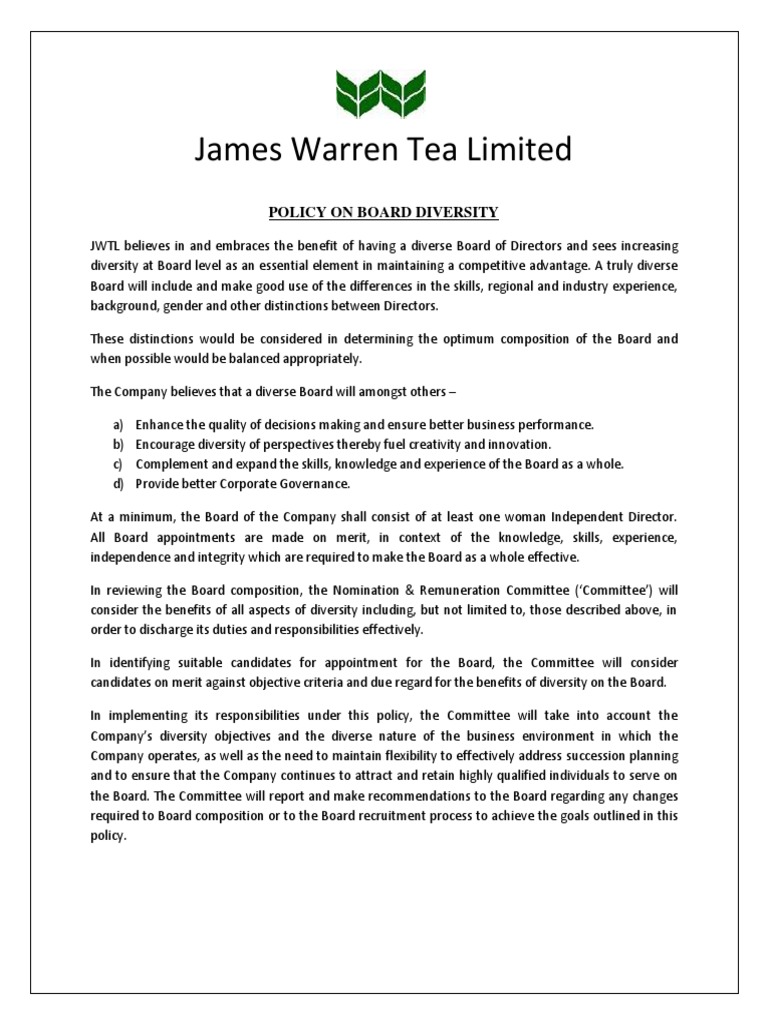 James Warren Tea Limited: Policy On Board Diversity | PDF