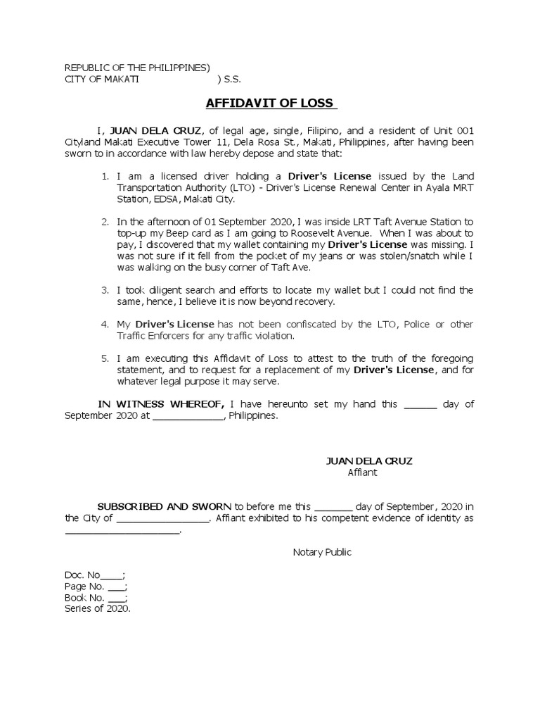Affidavit of Loss - Driver's License | PDF