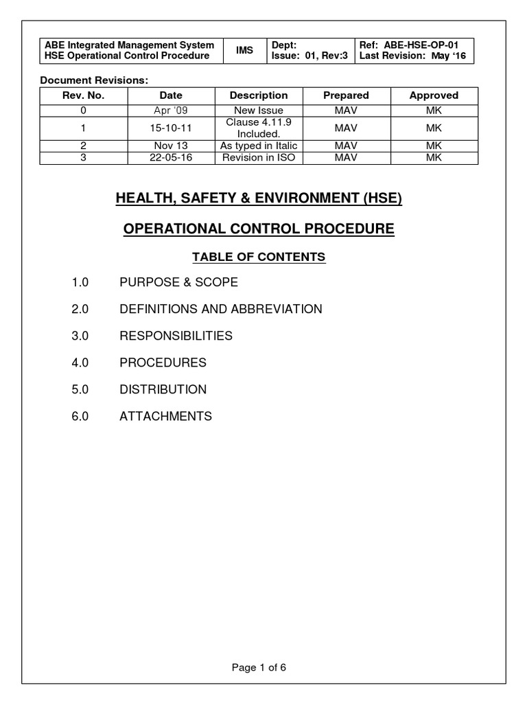 HSE - Operation Controls ABE-HSE-OP-01 | PDF | Safety | Personal ...