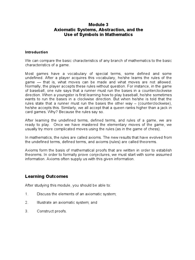 MATH 10 - Module 3 - Axiomatic Systems - Final - July 2018 PDF | PDF | Axiom | Mathematical Proof