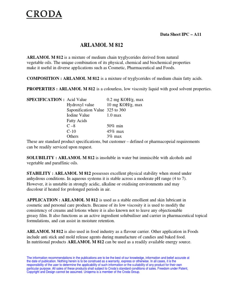 Arlamol M812 PDF | PDF | Triglyceride | Solubility