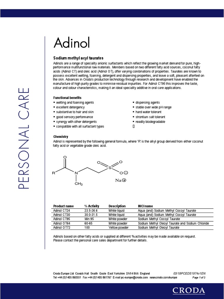 Adinol: Sodium Methyl Acyl Taurates | PDF | Surfactant | Shampoo