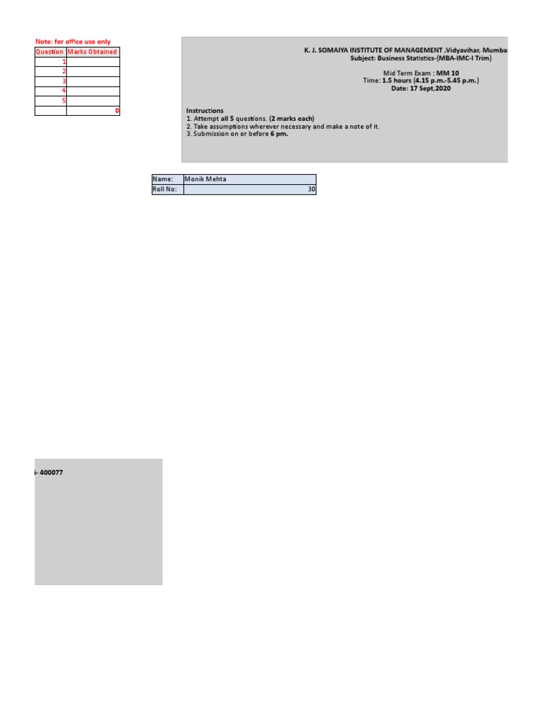 Mid Term Exam-IMC | PDF | Standard Error | Mode (Statistics)
