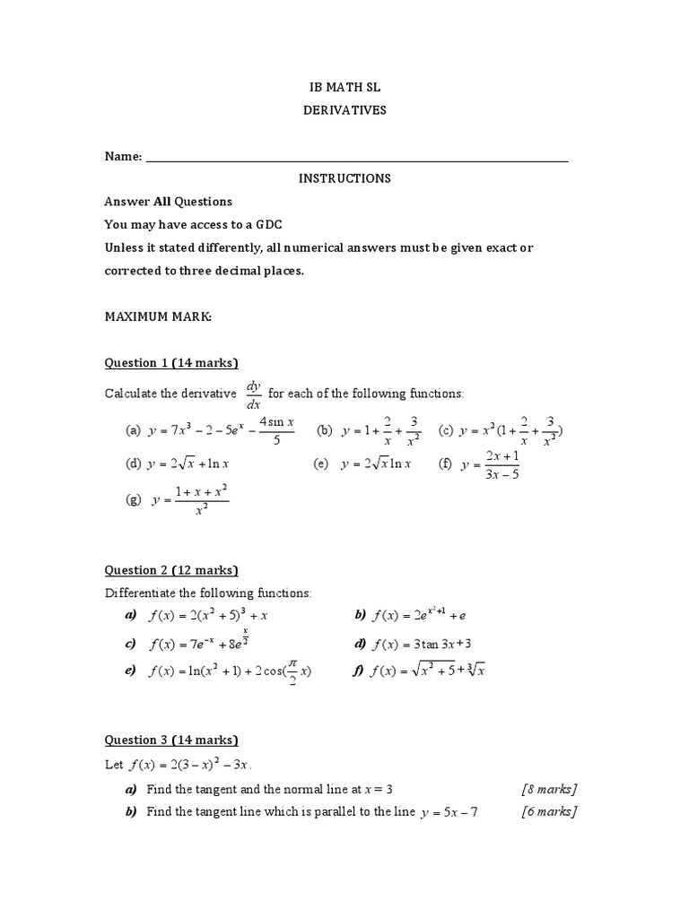 IB MATH SL Derivatives | PDF | Derivative | Differential Geometry