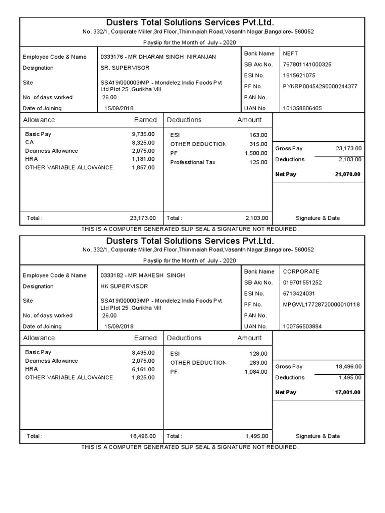 Dusters Total Solutions Services PVT - LTD.: Amount Deductions Earned ...