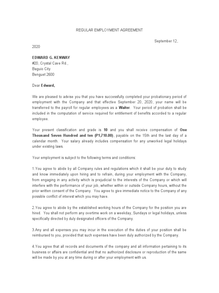 Contract of Employment For Waiter | PDF | Overtime | Employment