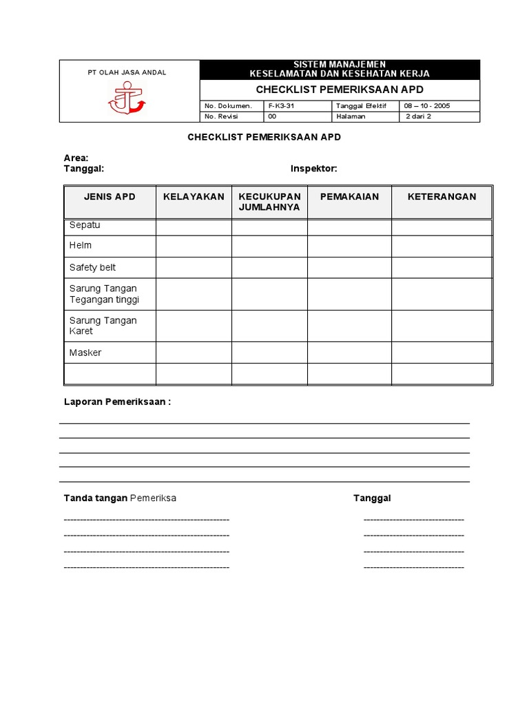 Checklist Pemeriksaan APD K3 | PDF