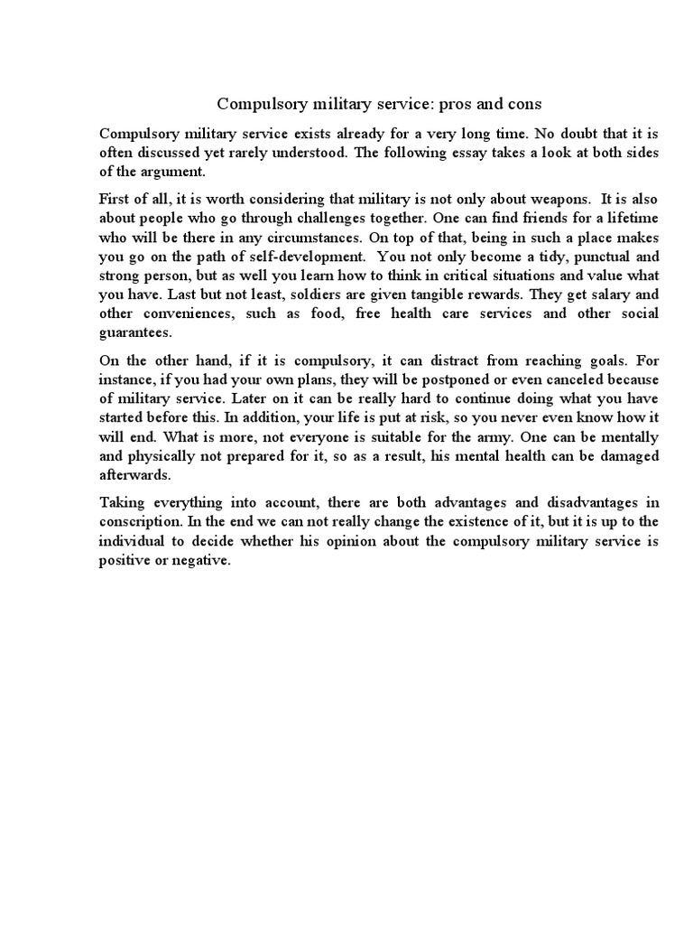 Compulsory Military Service: Pros and Cons | PDF