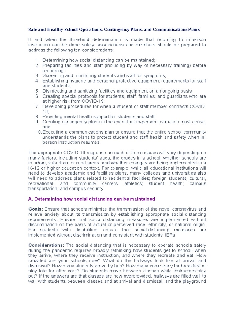 Safe and Healthy School Operations, Contingency Plans, and ...