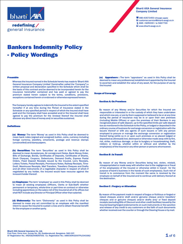 Bharti AXA General Insurance Co. Ltd.: Bankers Indemnity Policy ...
