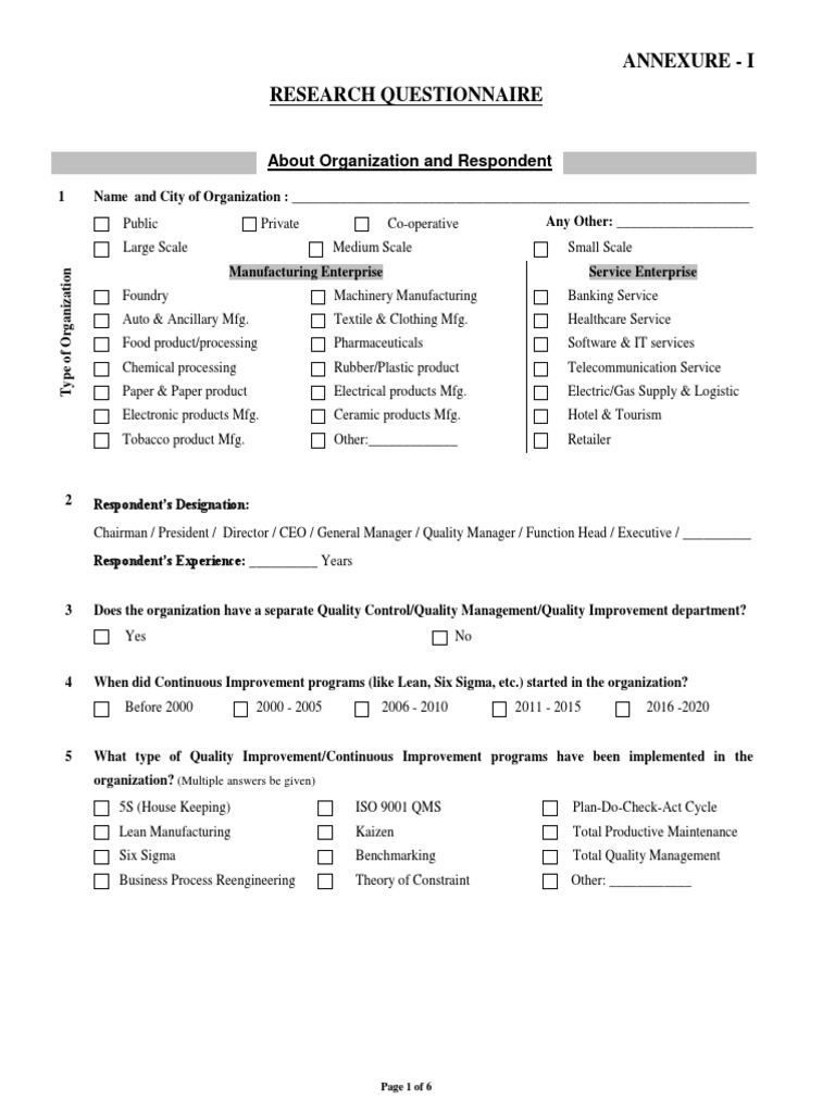 Lean Six Sigma Research Questionnaire | PDF | Six Sigma | Lean ...