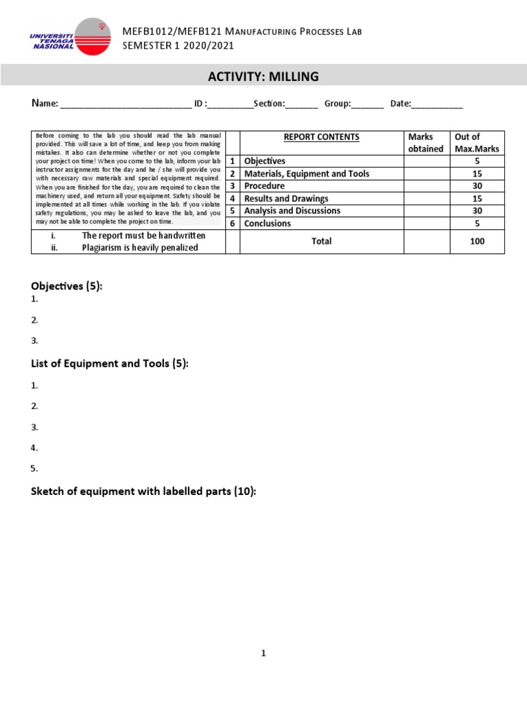 Activity: Milling: MEFB1012/MEFB121 M P L SEMESTER 1 2020/2021 | PDF