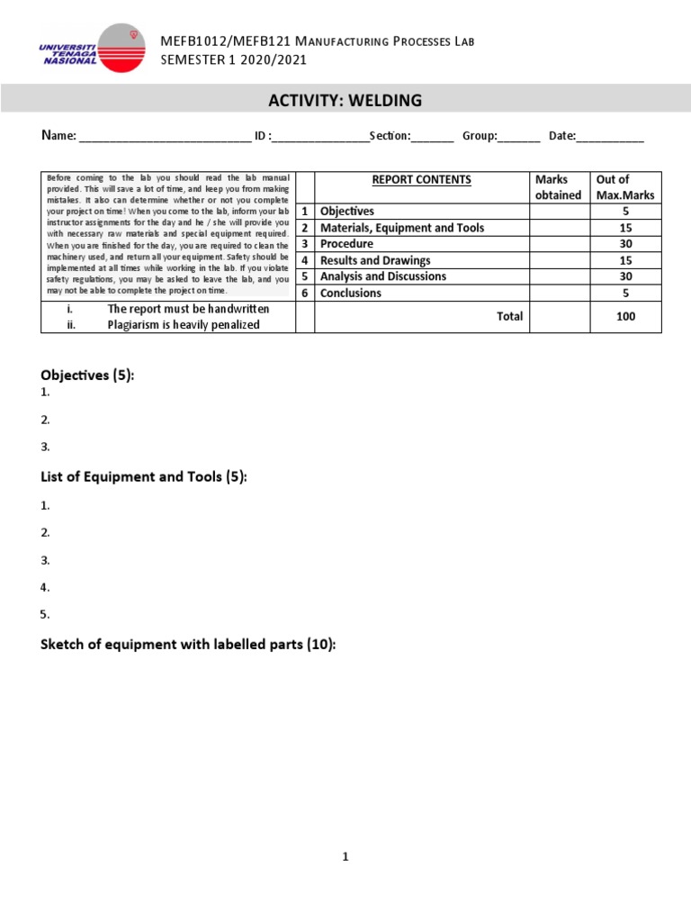 Activity: Welding: MEFB1012/MEFB121 M P L SEMESTER 1 2020/2021 | PDF ...