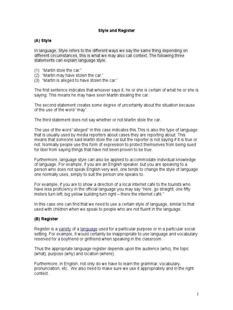 Style and Register (A) Style: Variety Language | PDF | Question ...