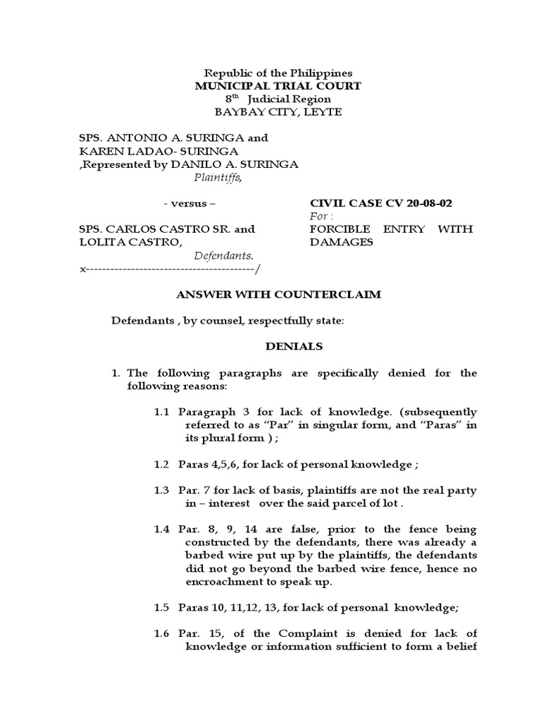 Answer On Forcible Entry | PDF | Lawsuit | Government