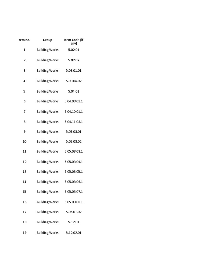 Building Works Item Code List | PDF | Brick | Concrete