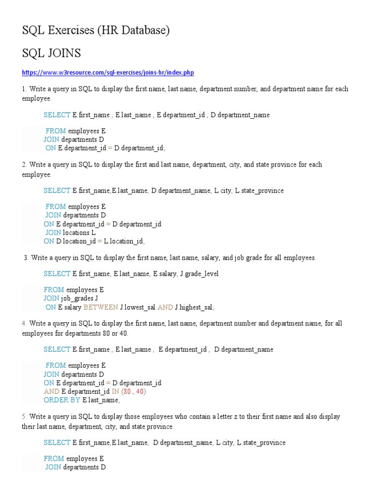 SQL Exercises (HR Database) (JOINS) | PDF | Sql | Computer Data