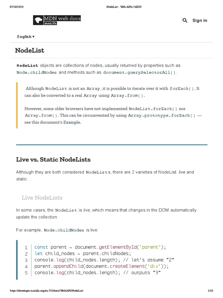 NodeList - Web APIs - MDN | PDF | Document Object Model | Safari (Web ...