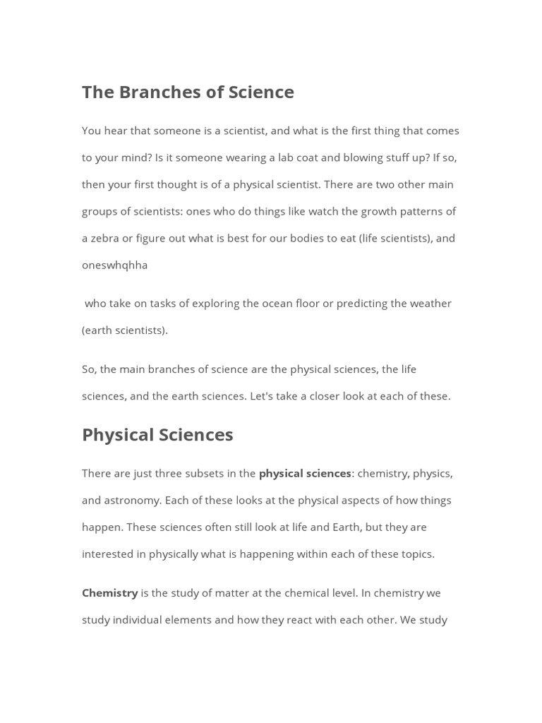 The Three Main Branches of Science | PDF | Biology | Life