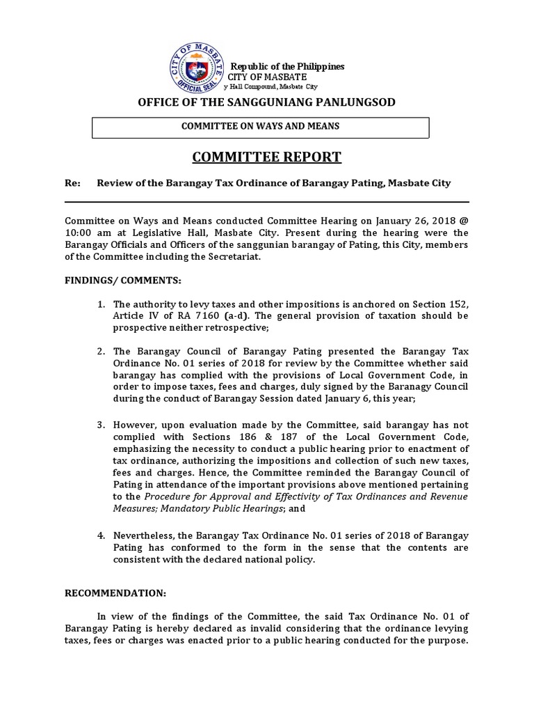 Committee Report: Office of The Sangguniang Panlungsod | PDF | Taxes ...