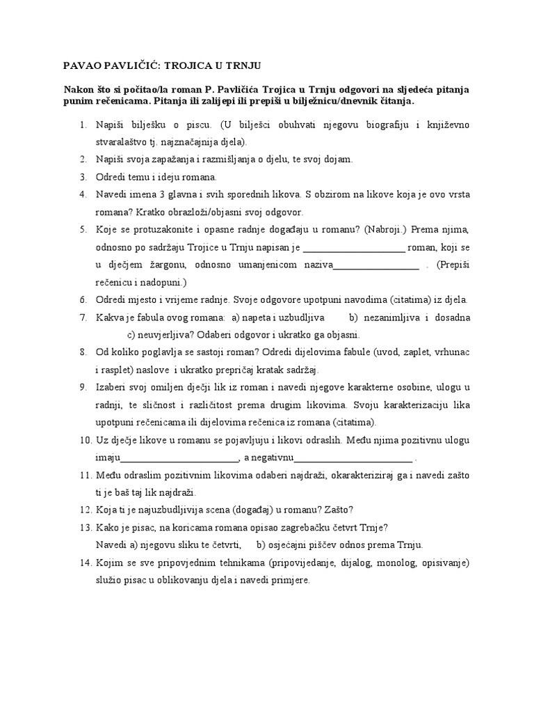 TROJICA U TRNJU Pitanja Za Lektiru | PDF