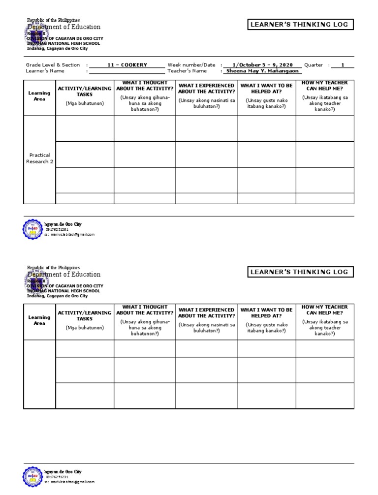 Department of Education: Learner'S Thinking Log | PDF | Behavior ...