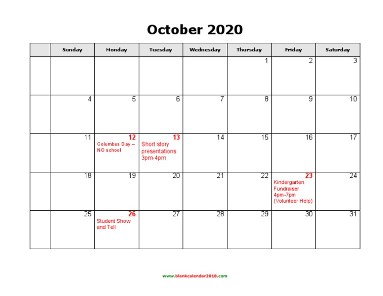 October 2020 Calendar Blank Landscape | PDF