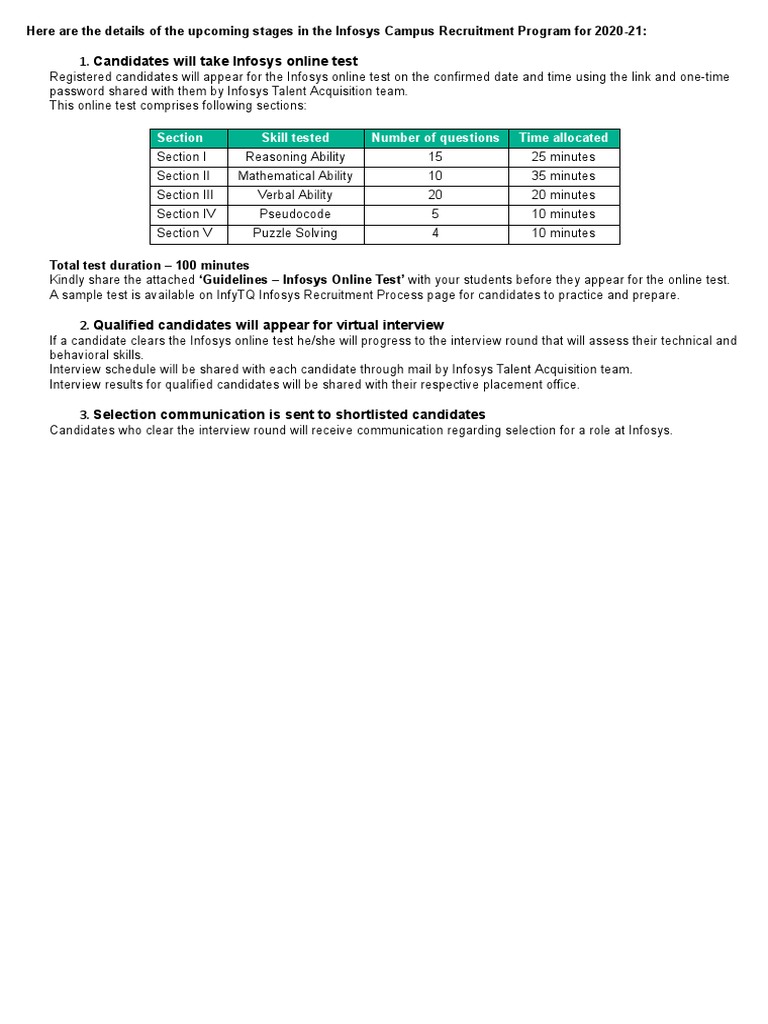 Infosys 2020-21 Campus Recruitment Guide | PDF