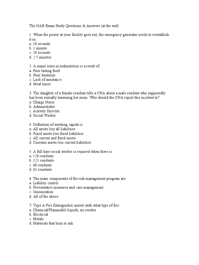 The NAB Exam Study Questions | PDF | Health Care