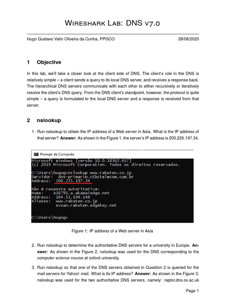 Wireshark Lab: DNS v7.0: 1 Objective | PDF | Domain Name System | Port (Computer Networking)