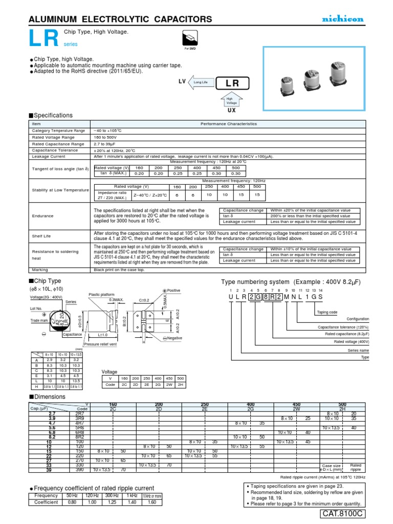 Aluminum Electrolytic Capacitors: Specifications | PDF | Capacitor ...
